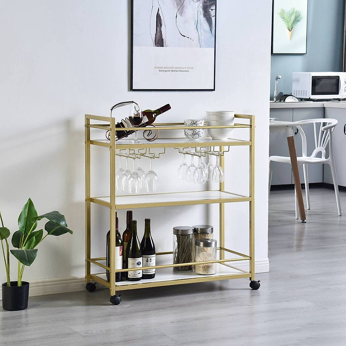 GOLASON Gold Bar Cart with 3 Shelves, Wine Glass Bottle Storage Bar Serving Cart with Wheels for Kitchen Living Room (31.5”W, White)