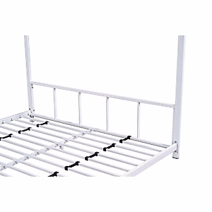 ATY Metal Full Size Floor Bed, House Shaped Bedframe w/Roof Design for Kids, Toddlers, Easy Assembly & No Box Spring Needed, White