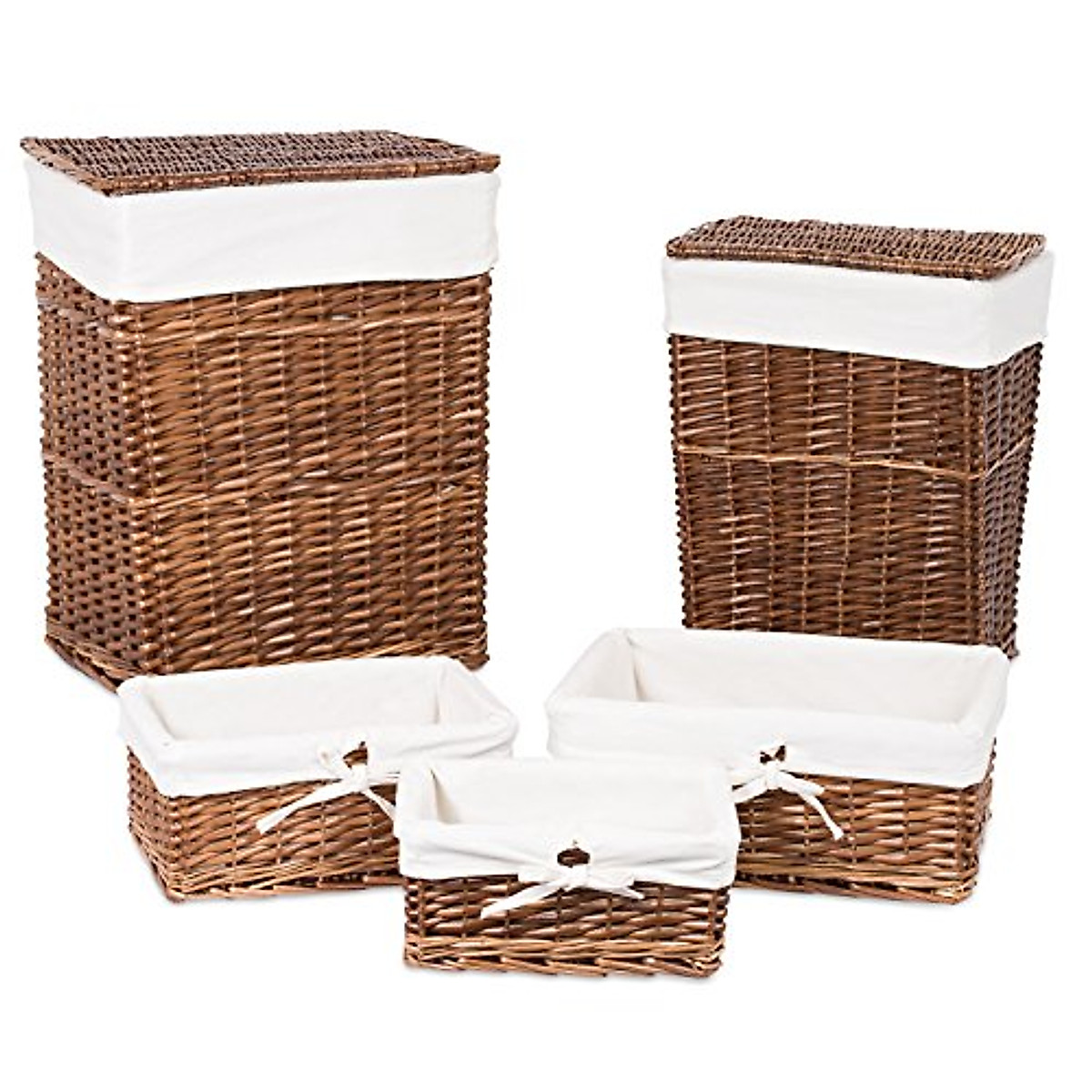 BIRDROCK HOME Woven Willow Baskets with Liner for Storage and Laundry - Set of 5 - Rectangular Hamper Bins with Lids - Decorative Wooden Wicker Basket for Organizing Blankets - Baby Organizer - Brown