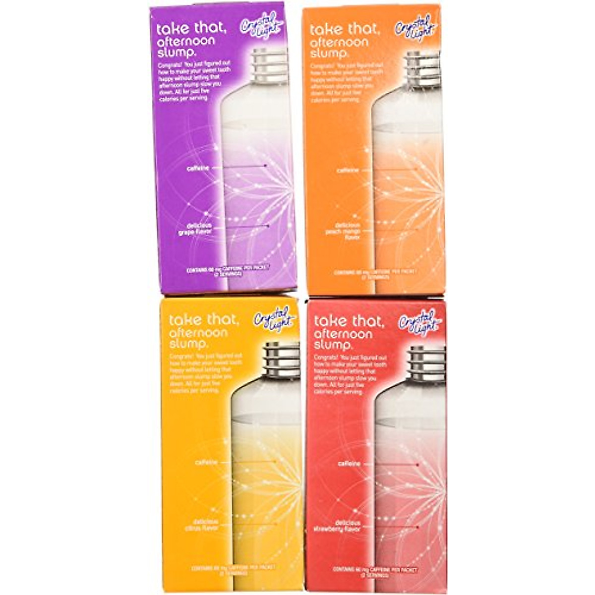 Crystal Light With Caffeine Variety Pack, 1 peach mango, 1 Citrus, 1 Wild strawberry, 1 Grape, 4 ct.