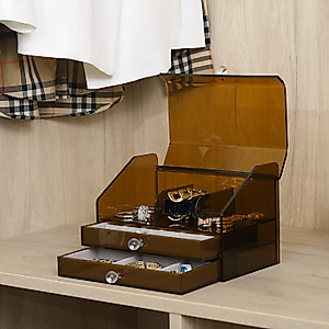 MyGift Amber Acrylic Jewelry Box, Modern Retro Style 2 Storage Drawer Ring, Necklace, Bracelet, Earring Organizer with Velvet Jewelry Tray Liners