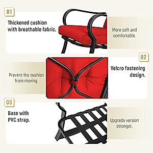 SOLAURA 3-Piece Outdoor Rocking Chairs Bistro Set, Black Iron Patio Furniture with Red Thickened Cushion & Glass-Top Coffee Table