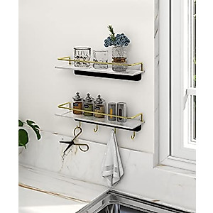 Mazjoaru Floating Shelves Acrylic Bathroom Shelves Set of 2, 16inch Wall Shelves with Gold Metal Towel Hook, Storage Shelves for Bathroom Living Room Bedroom