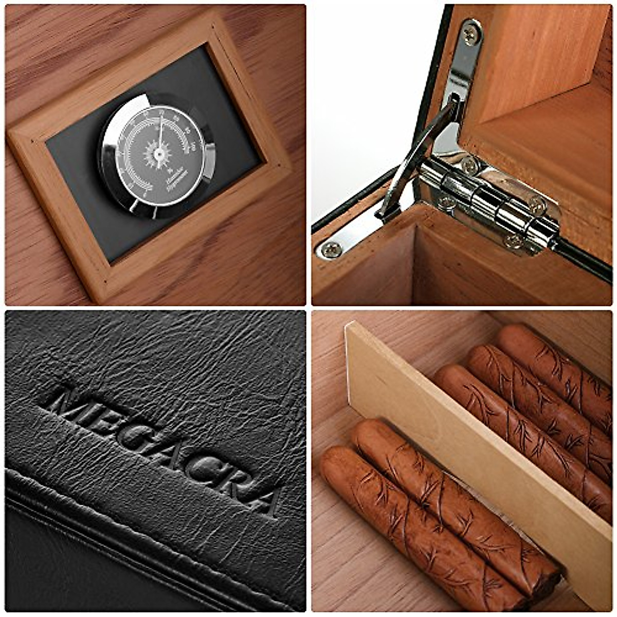 MEGACRA Desktop Humidor Case Holds 25-50 Cigars, Unique Elegant Leather Display, 100% Handcraft Real Solid Spanish Cedar Wood Storage Box with Humidifier and Hygrometer Desktop Humidors