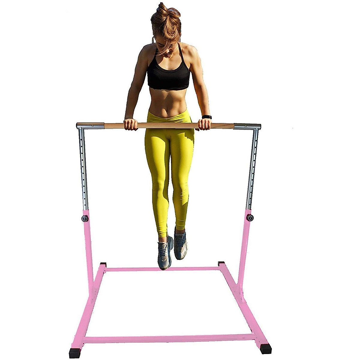 Kids Kip Bar Jungle Gym Professional Horizontal Gymnastics Asymmetric Bar Height Adjustable Expandable 3 to 5 FT Pink