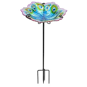 MUMTOP Glass Bird Bath, Garden Outdoor Birdbaths Birdfeeder with Metal Stake Peacock Bird Baths for Outside Yard