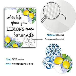 XUOIAYNB Blue Flower Pattern Lemon Art Print-- Mexican Tile Lemon Fruit with Inspirational Quote Canvas Wall Art--(8”X10”X6 pcs, Unframed)--Perfect for Kitchen Bedroom Decoration
