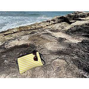 Scout + Ochre Neoprene Swimsuit Bag Pouch with Zipper - Waterproof Wet Bag for Swimwear, Diapers, Cosmetics, Travel Toiletries - great for Beach, Pool, Strollers, Gym - 11.5x8in (Yellow White Stripe)