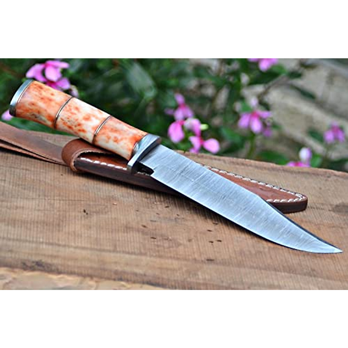UK UNIQUE SHARP KNIVES BK-3004 Handmade Damascus Steel 12.00 Inches Damascus Steel Hunting Knife - Coloured Camel Bone Brass Spicer Handle With Damascus Gurd/pommel