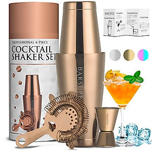 Professional Boston Cocktail Shaker Set | 4-Piece Bar Set | Stainless Steel 304 | 28oz/18oz Weighted Shaker Tins | Hawthorne Strainer | Double Sided Jigger | Recipe Booklet | Bartender Kit (Copper)