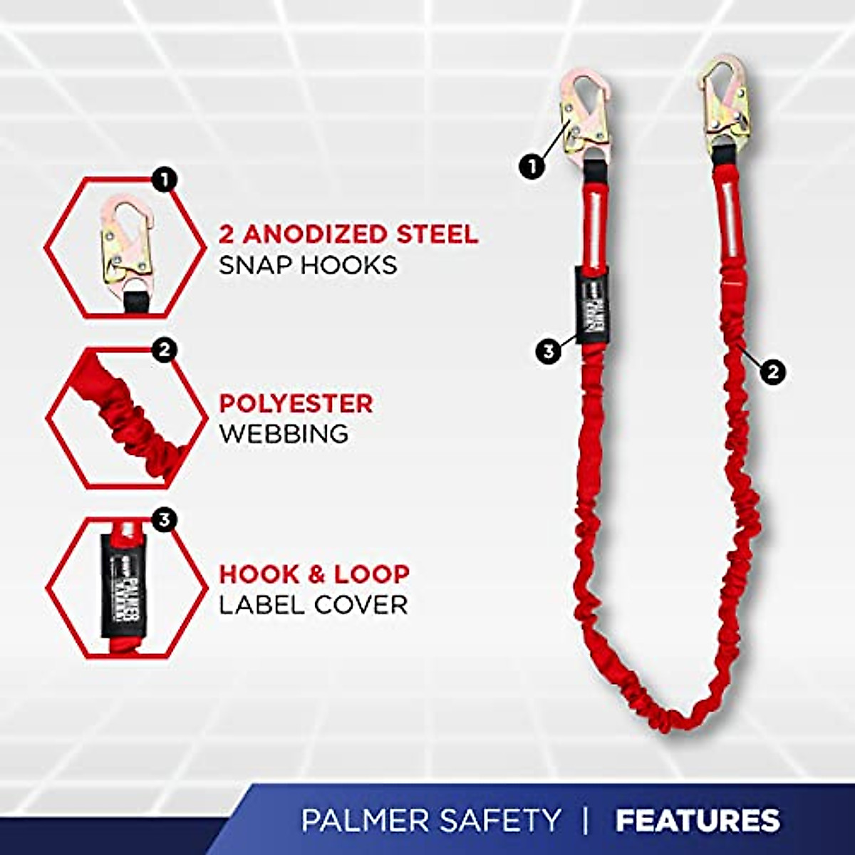 Palmer Safety L121133 6 FT Single Leg Safety Lanyard Internal Shock Absorber w/Dual Snap Hooks I OSHA/ANSI Compliant Restraint Lanyards I Ideal Use for Arborist, Roofer & Construction Workers