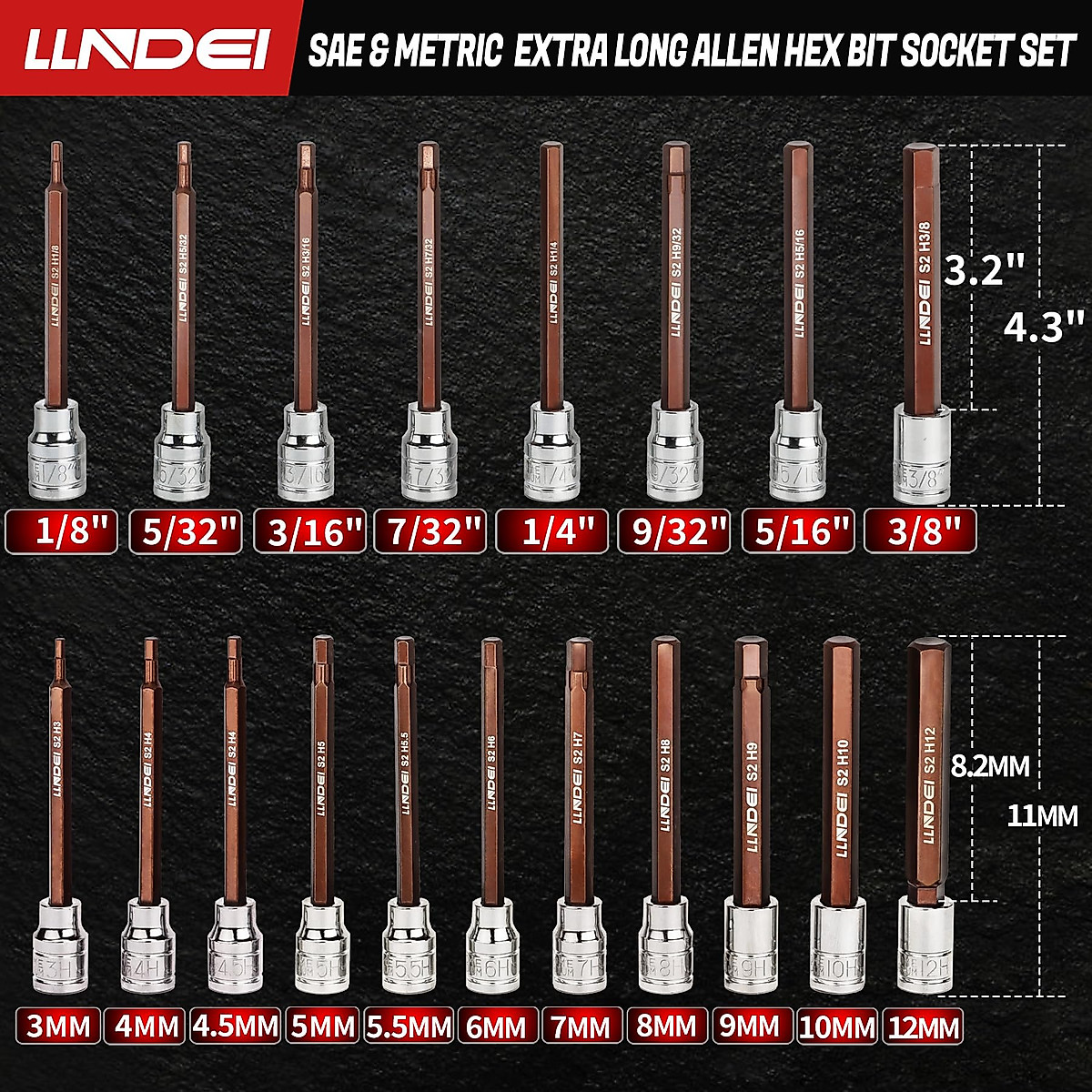 LLNDEI 3/8-Inch Drive Extra Long Allen Hex Bit Socket Set 19PCS- Standard SAE & Metric (1/8"-3/8", 3-12mm), CR-V&S2 Alloy Steel, Durable Tool Accessories Kit for Mechanics