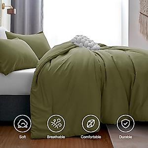 CozyLux Olive Green Comforter Set King Size, 3 Pieces Solid Breathable Quilted Style Bedding Sets, Luxury Fluffy Soft Microfiber Comforter for All Season(1 Comforter & 2 Pillowcases)