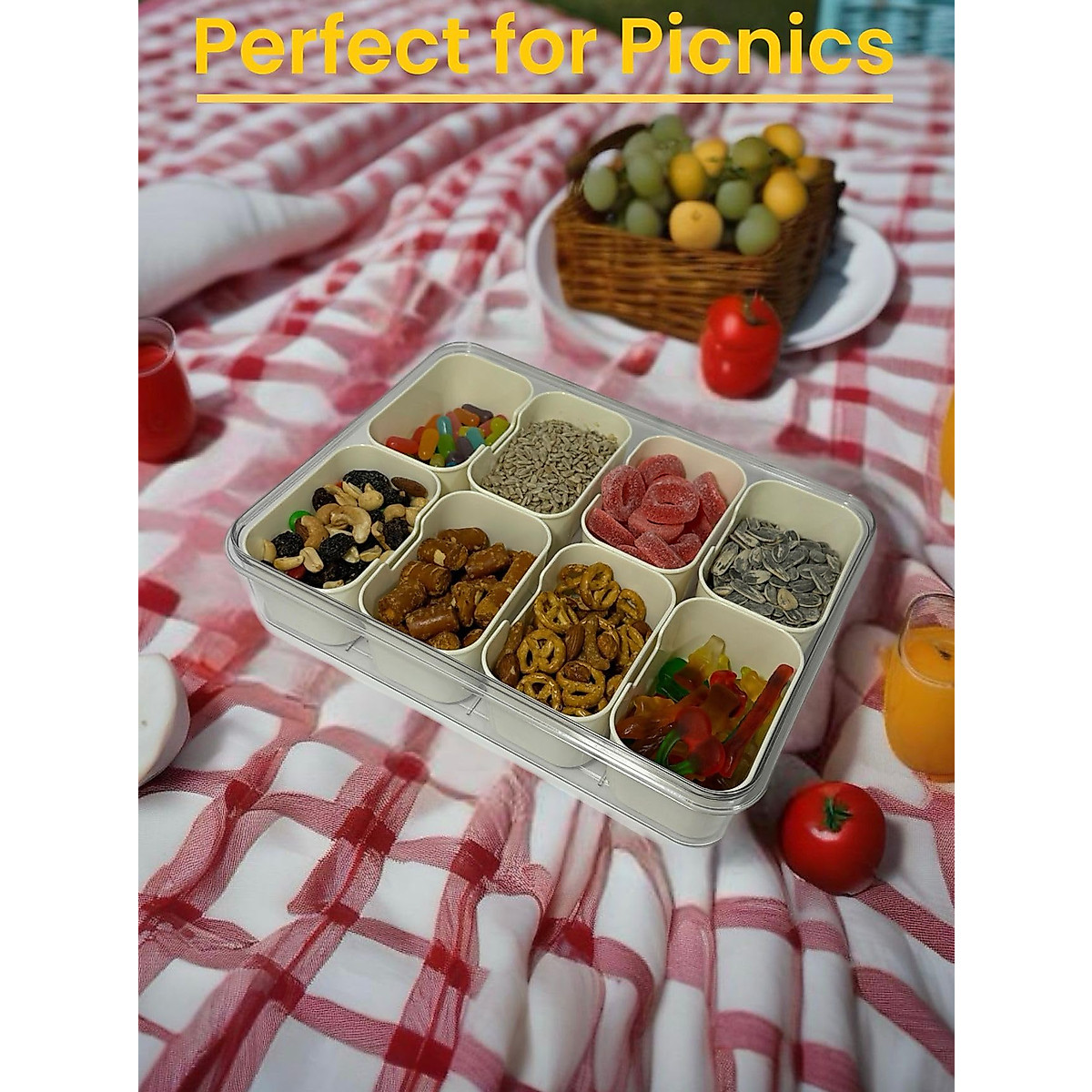 Generic Snack Box Container- Lunch Containers for Adults- Divided Serving Tray with Lid and Handle- Snack Tray Organizer- Snackle Charcuterie Boxes for, Adults, Travel, Party and Picnic., White