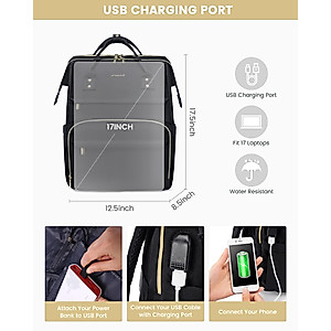 LOVEVOOK 17.3 Inch Laptop Backpack, Large Travel Backpack for Women, Water Resistant Teacher Backpack with Laptop Compartment, Professional Business Work bags with Charger, Black