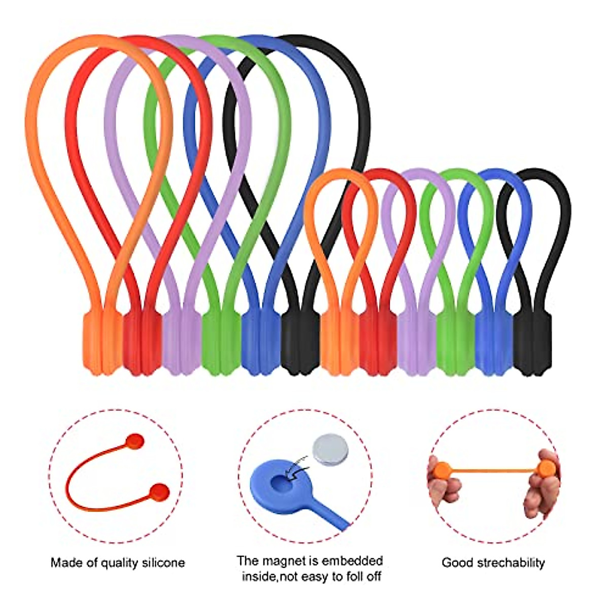 Magnetic Cable Ties,Snap on Magnetic Cord Ties, Reusable Silicone Twist Ties for Bundling and Organizing Cable & Cord.Holding Stuff, Fridge Magnets. Can Be Used in Many Ways (6 Colors - 12 Pack)