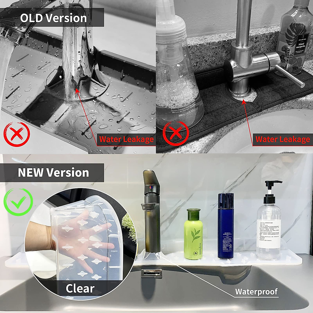 Gosmol Kitchen Faucet Sink Splash Guard Silicone Faucet Mat, XXL 30 inch Faucet Handle Drip Catcher Tray, Deflector Under The Faucet, Self Draining Slopes Design Keep Kitchen Bathroom Drying - Clear