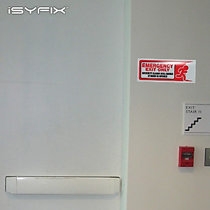 iSYFIX Emergency Exit Only Stickers – 3 Pack 10x4 Inch – Premium Self-Adhesive Vinyl, Laminated UV, Weather, Scratch, Water & Fade Resistance, Security Alarm Will Sound if Door is Opened Sign