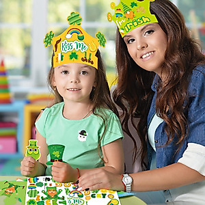 FANCY LAND Craft Kit, 24pcs St. Patrick’s Day Paper Crown & Stickers, Shamrock Party Favors, Kids DIY Irish Themed Hat, Adjustable & Durable