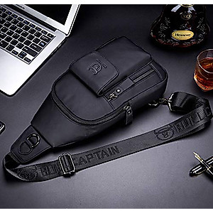 BULLCAPTAIN Mens Leather Crossbody Bag Shoulder Sling Bag Casual Daypacks Chest Bags for Travel Hiking Backpacks (Black)