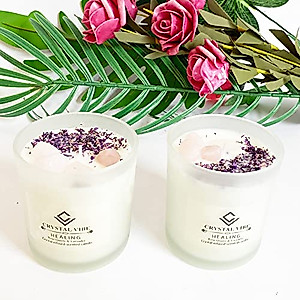 Crystal Vibe Healing Crystal Candle With Rose Quartz Crystals and Lavender Petals - Natural Soy Wax Lavender Scented Candle With Crystals Inside for Home Décor Clearance - Aromatherapy Meditation