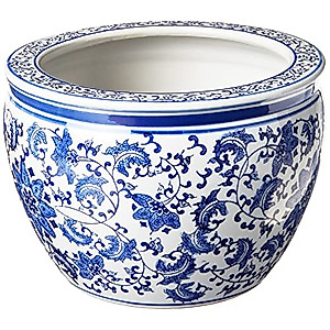 Oriental Furniture 12" Floral Blue & White Porcelain Fishbowl