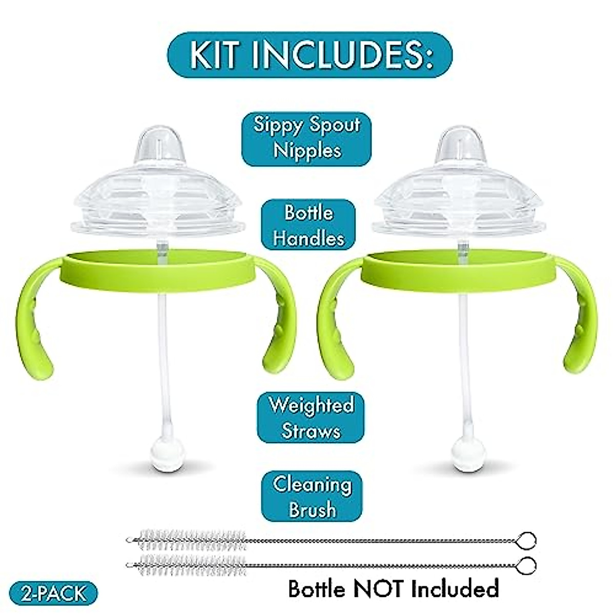 Sippy Cup Conversion Kit for Comotomo Baby Bottles | 2-Count | with Soft Silicone Sippy Spout Nipples, Weighted Any Angle Straw Ball, Bottle Handles and Straw Cleaning Brush (Sippy Spout, Green)