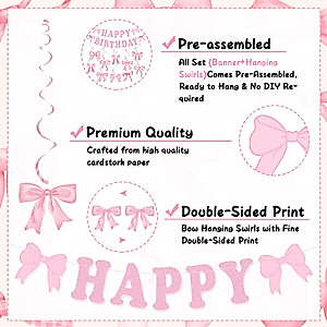 Bow Birthday Party Decorations, Pink Bow Birthday Banner Bow Party Hanging Swirls Decorations Set for Girls Bow Coquette Birthday Decorations, Bow Party Decor, Bridal Shower Party Supplies