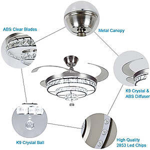 DLLT 42'' Crystal Ceiling Fan with Light, 36W Modern Reversible Ceiling Fan Remote, 3-Blade Retractable LED Fan Chandelier Indoor for Living Room, Bedroom, Dining Room, 3CCT 3000K-6000K, Nickel
