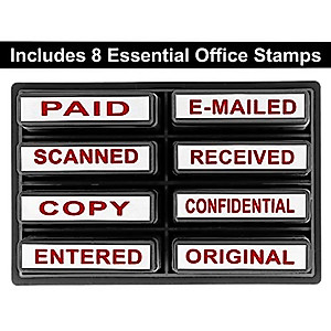 ExcelMark Mini Office Message Rubber Stamp Set - Red Ink - Storage Tray Included