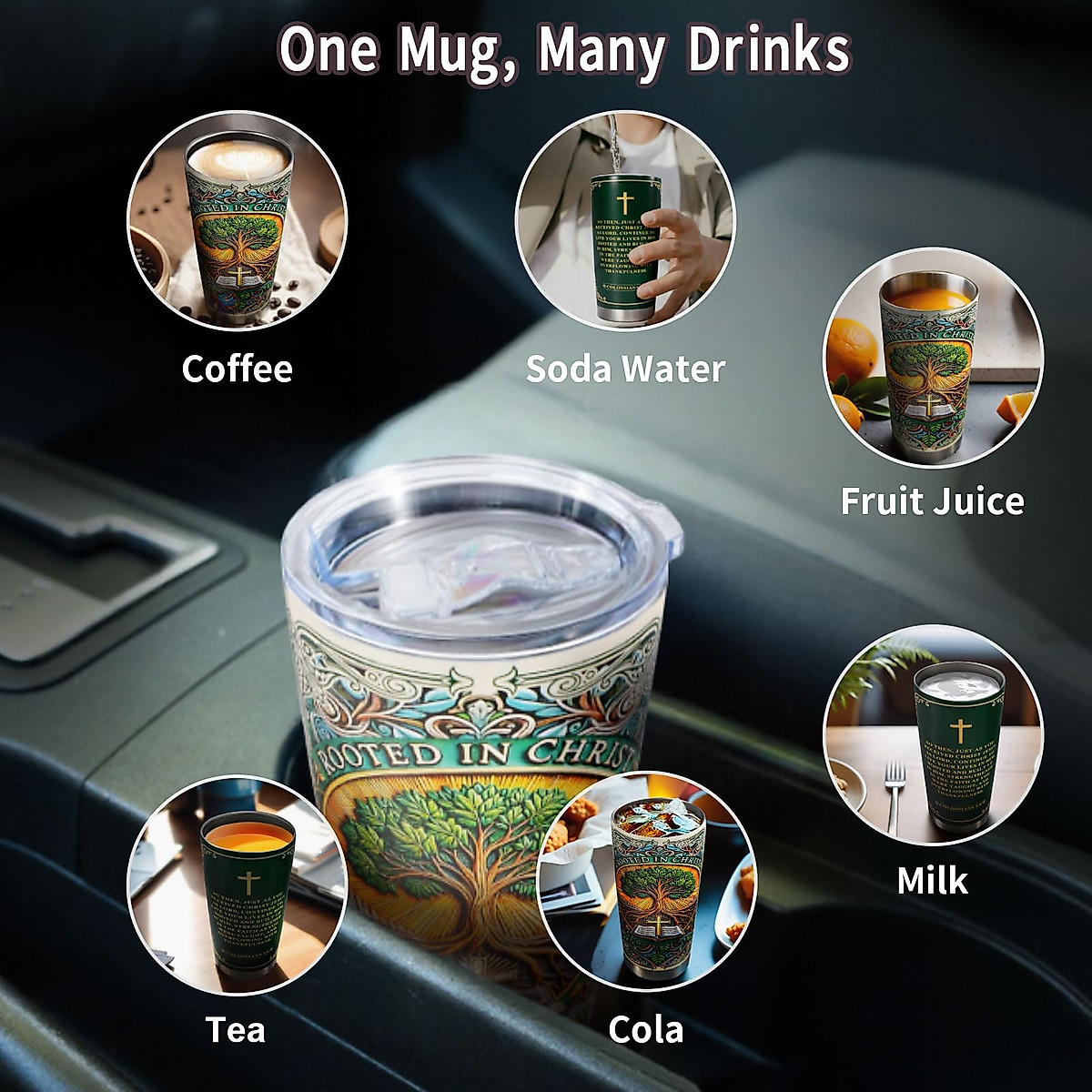 YRCKUDZKG 20 Oz Stainless Steel Tumbler, Double-layer 304 Vacuum Insulated Cup | Leak-Proof Lid Reusable Insulated Mug with Straw, Keeps Hot and Cold for Home, Office, Travel and Car (Bible Tree)