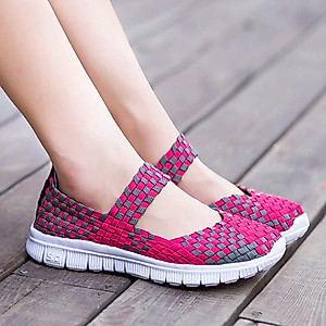 Women Elastic Woven Walking Shoes Flats Sandals,Comfy Casual Non Slip Lightweight Breathable Mary Jane Sneakers Nurse Shoes (10,Red,10)
