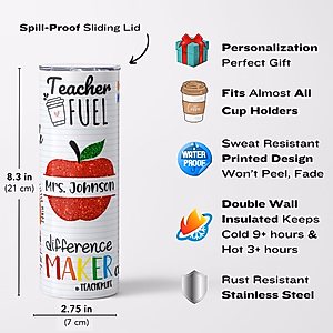 Fleur&Bay Teacher Appreciation Gifts for Women - Personalized Teacher Tumbler With Straw - Daycare Preschool Birthday Back to School Gifts Ideas - Customized Cup With Name - 20 oz Travel Coffee Mug