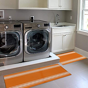 Orange Stripe Kitchen Rugs Set of 2,Country Garmhouse Thanksgiving Fall Holiday Water-Absorbing Runner Carpet Area Mat for Bedroom Bathroom Indoor Use Rubber Backing Accent Throw Washable Extra Large