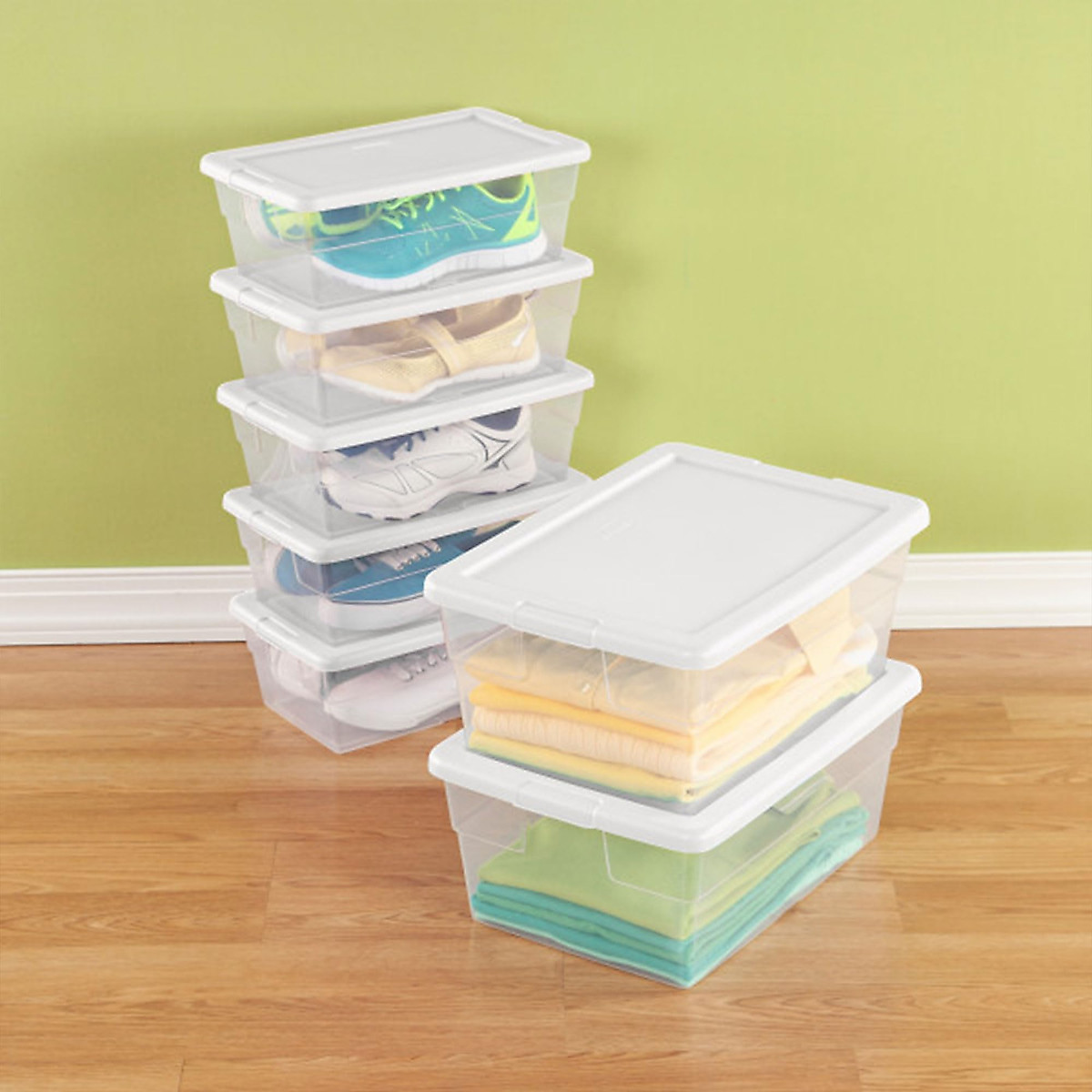 Sterilite 6 Qt Clear Plastic Stackable Storage Bin w/White Latching Lid Organizing Solution, 12 Pack