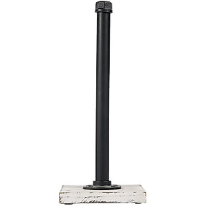 MyGift Industrial Black Metal Pipe Paper Towel Holder Countertop Bathroom Paper Towel Holder Stand with Vintage White Solid Wood Base