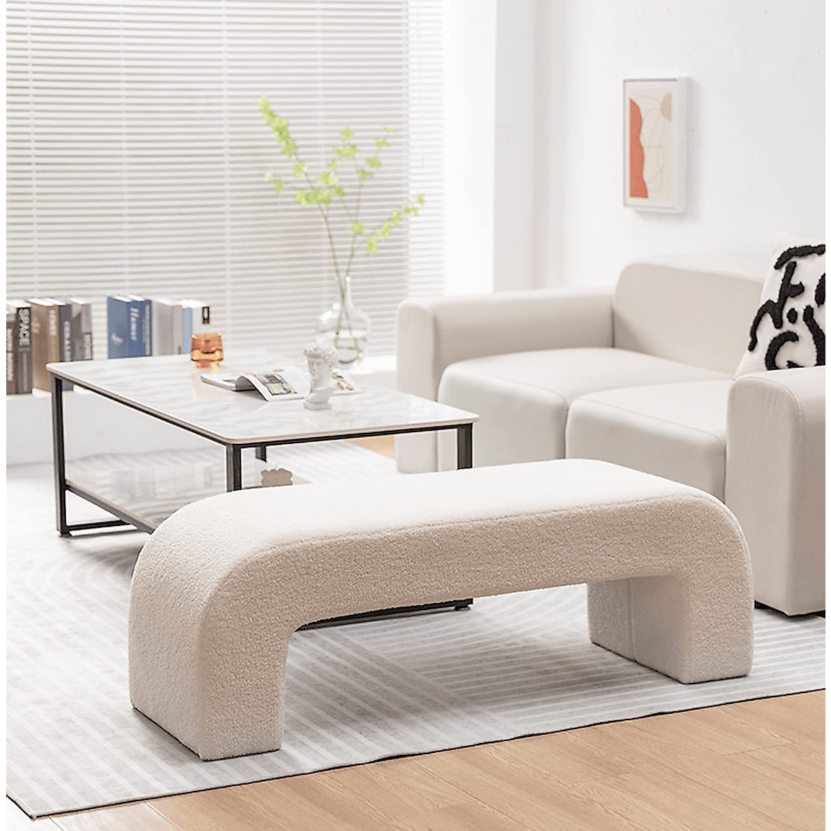 AUQMTAIN Modern Fuzzy Sherpa Upholstered Ottoman Bench, Entryway Bench, End Bed Bench, Footrest for Bedroom, Living Room, End of Bed, Hallway (47.2")