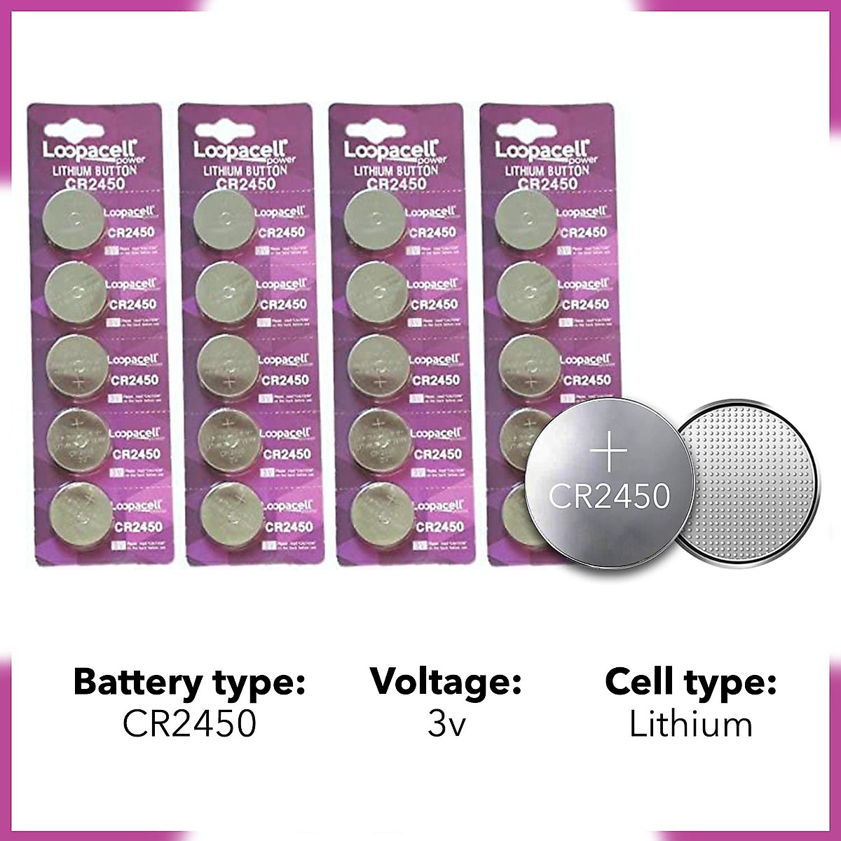 LOOPACELL CR2450 3V Lithium Battery (Pack of 20) - High Capacity Coin Cell Batteries