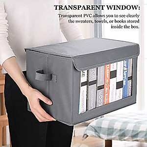 DIMJ 4-Pack Storage Bins with Flip-top Lids, Collapsible Fabric Storage Baskets Organizer Box with Large Clear Window for Clothes, Toys, Books, Closet, Shelves, Kids Room, Office, Dark Grey