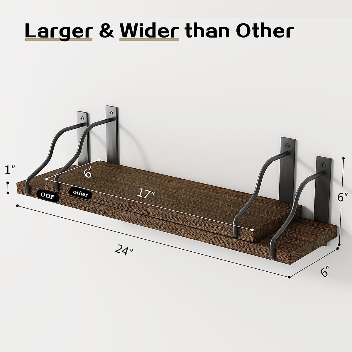 Inforth Wall Shelves, Wood Wall Mounted Shelves for Wall Storage, Floating Shelves for Wall Display with Metal Bracket, Hanging Shelves for Bedroom Kitchen Living Room (Brown, 17 Inches)