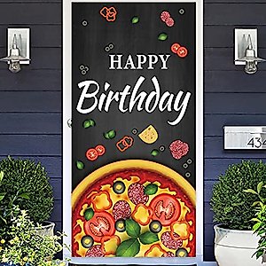 Happy Birthday Pizza by The Slice Banner Backdrop Flag Photo Booth Props Favors Supplies Cooking Delicious Food Theme Decor for 1st Birthday Pizza Party Baby Shower Decorations