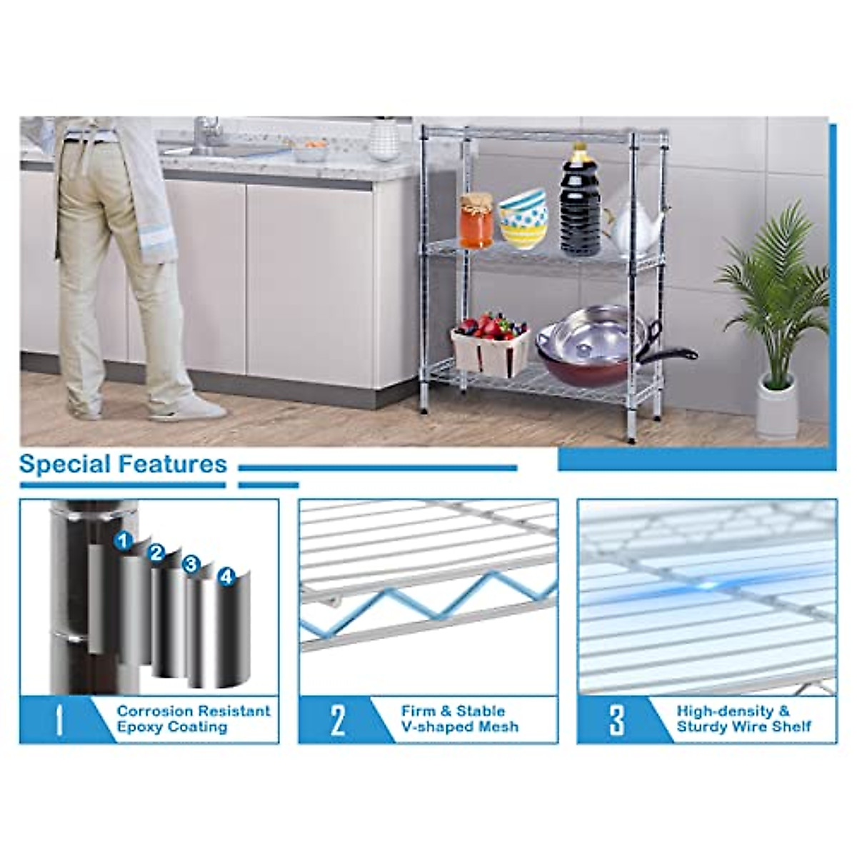 3-Tier Metal Shelving Adjustable Height 450Lb Capacity Small Wire Shelving Unit Solid Steel Storage Shelves Commercial Storage Rack for Kitchen Office Pantry Laundry (Chrome, 24"Lx14"Wx30"H)