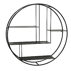 WHW Whole House Worlds Industrial Round Metal Wall Shelf, 4 Levels, Floating, Scandi Contemporary Style, Black Iron, 29 Inches Diameter