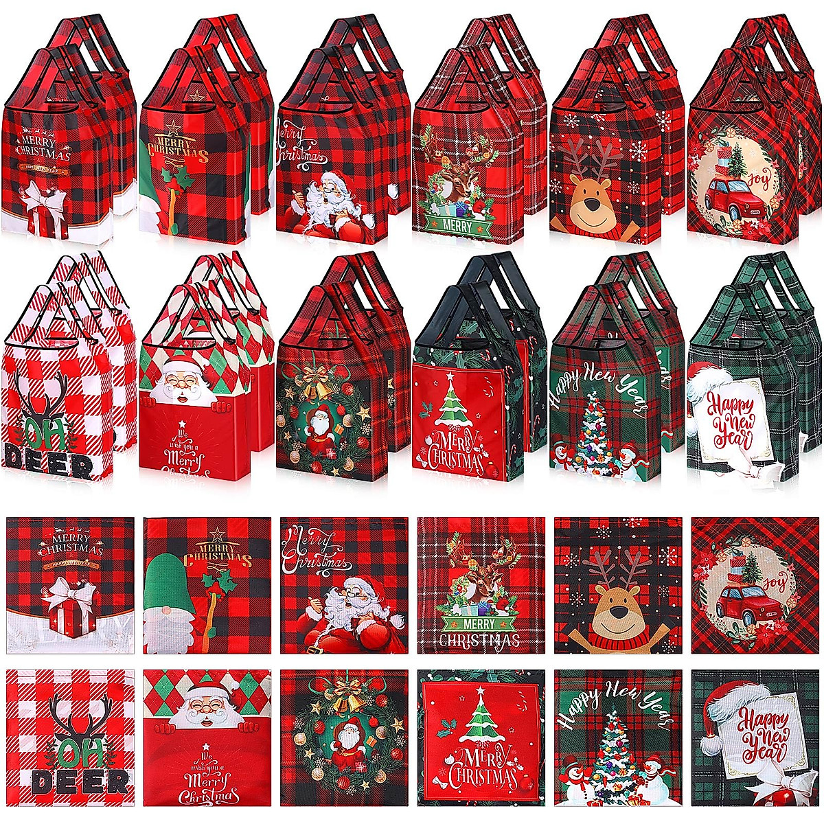 Paterr 24 Pack Christmas Reusable Grocery Bags Foldable Tote Bag Shopping Bag Gift Bags 50lbs Polyester Carry Pouch for Xmas (Vivid)