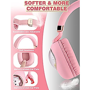 Usoun Kids Wireless Headphones, Bluetooth Over Ear Headphones with Cute Cat Colorful LED Lights,Wireless&Wired,Foldable,Build-in Mic,Bluetooth Headphones for Kids Girls Teens Adults,School (Pink)