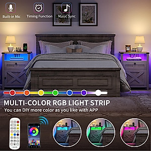 YITAHOME Farmhouse Nightstand with LED Lights & Charging Station, Night Stands with Drawer for Bedroom, End Side Table Bedside Table with Storage Shelf & Storage Cabinet, X-Design