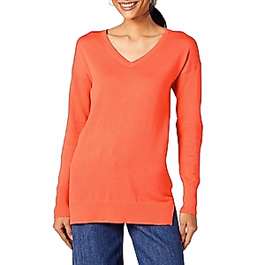 Amazon Essentials Women's Lightweight Long-Sleeve V-Neck Tunic Sweater (Available in Plus Size), Coral Pink, Medium