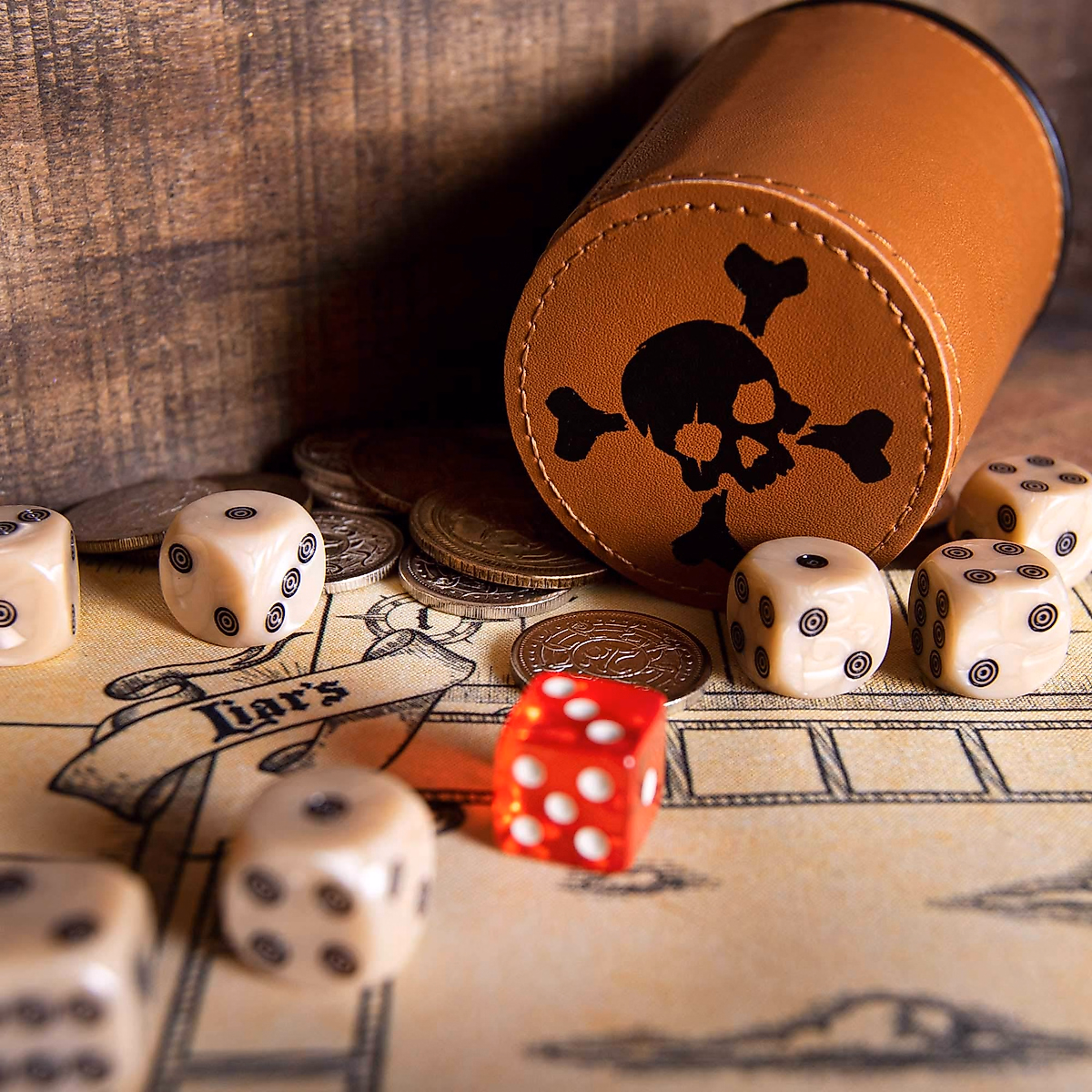 Liar's Dice Game Set - Classic Family Bluffing Game - Treasure Chest Includes Six Professional Bicast Leather Dice Cups, 30 Custom Bullseye D6 Dice, Custom Bidding Die, Pirate Ship Game Mat