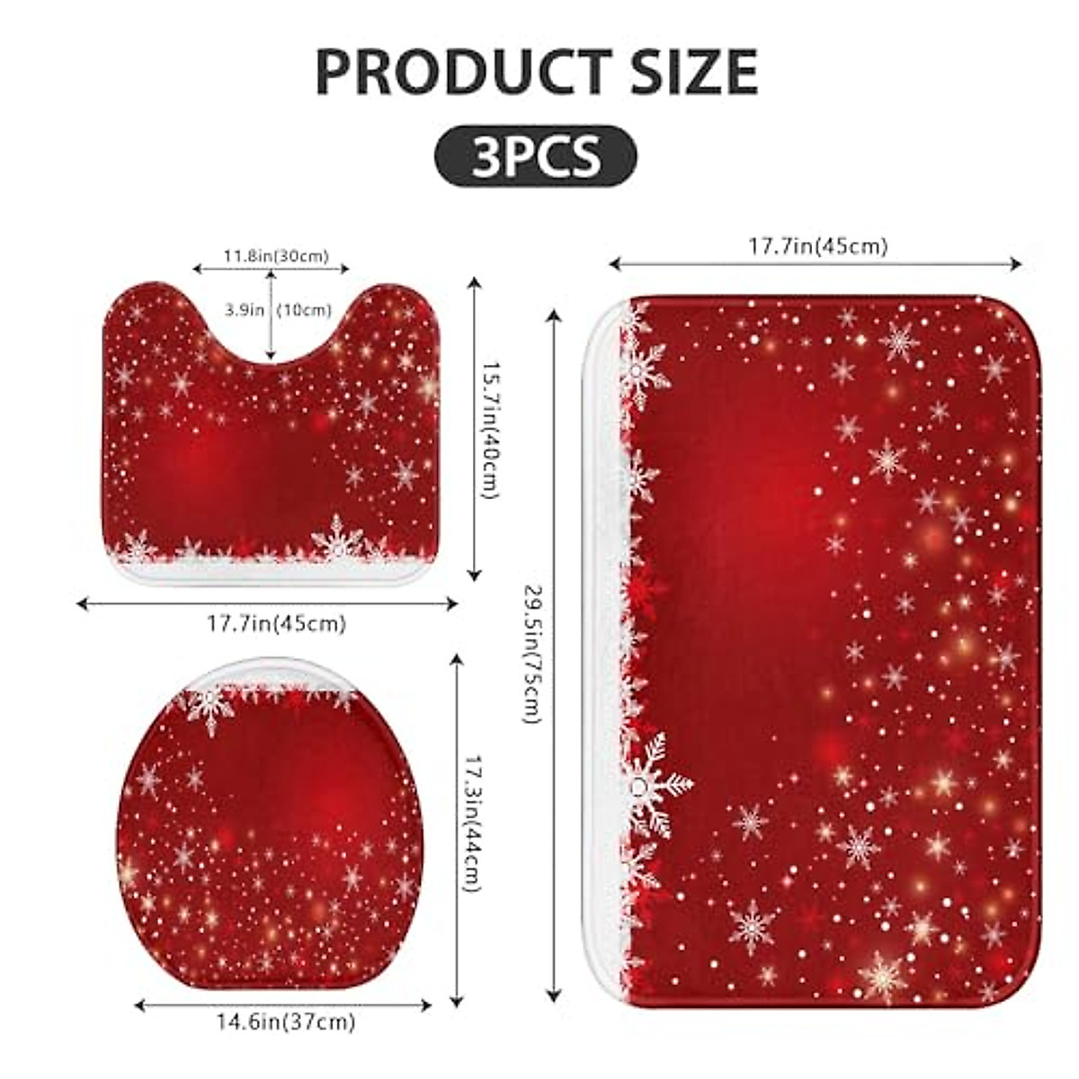 ArtSocket Christmas Bathroom Rugs and Mats Set 3 Piece, Snowflake Red Rugs Non Slip, Winter Snow Absorbent Microfiber Memory Foam Bath Mat Machine Washable Bathroom Floor Mats