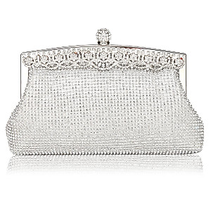 Mogor Women's Rhinestone Retro Crystal Clutch Bling Glitter Wedding Party Bridal Handbag Elegant Formal Evening Bag(Silver)